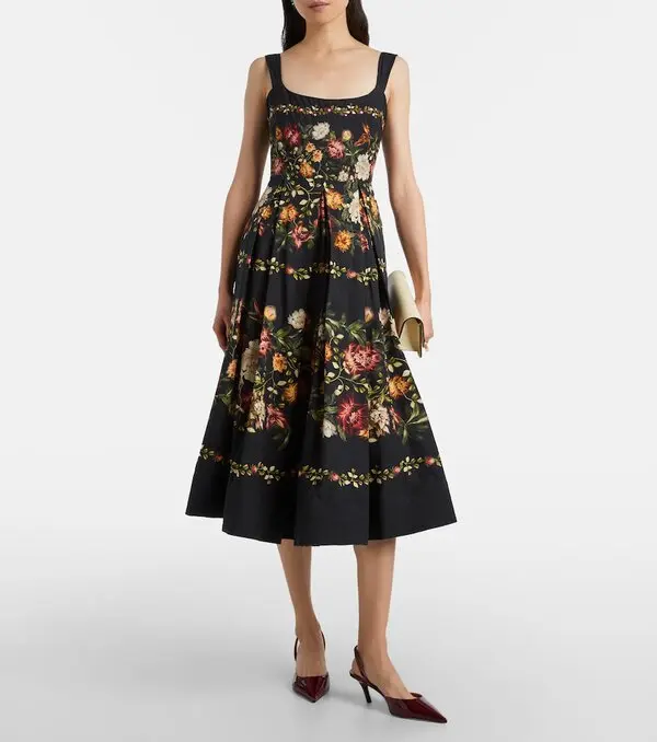 Agua Bendita Alcaparra Floral Cotton Midi Dress - Black