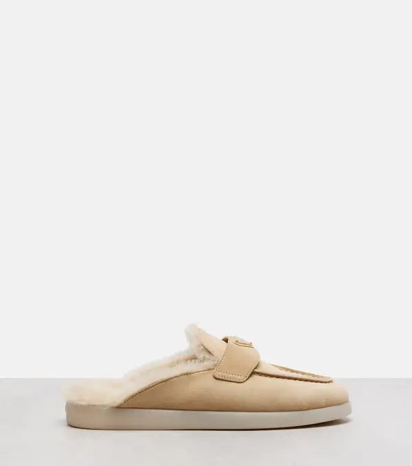 Prada Shearling-lined Suede Mules - Beige