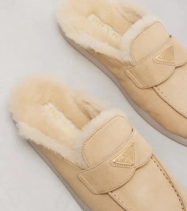 Prada Shearling-lined Suede Mules - Beige