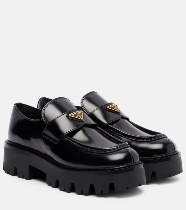 Prada Logo Leather Platform Loafers - Black