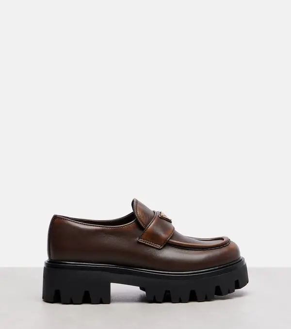 Prada Logo Leather Platform Loafers - Brown