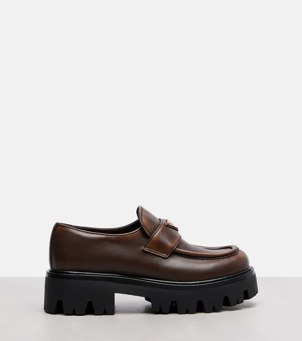 Prada Logo Leather Platform Loafers - Brown