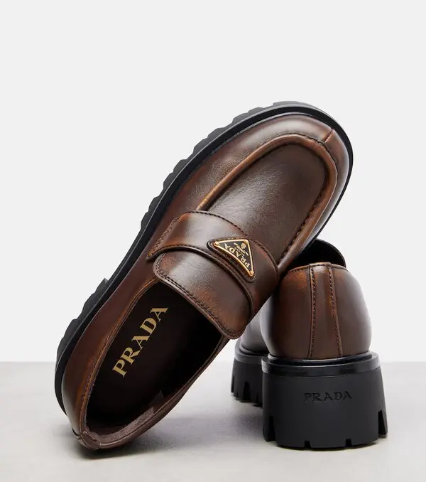 Prada Logo Leather Platform Loafers - Brown