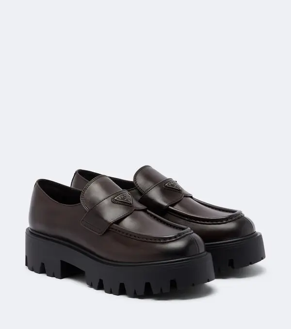 Prada Logo Leather Platform Loafers - Brown