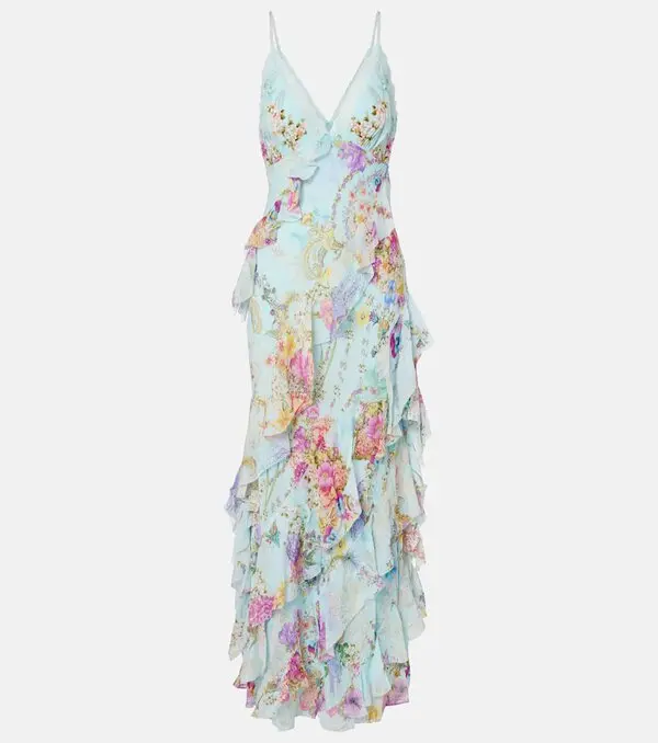 Camilla Floral Ruffled Silk Slip Dress - Blue