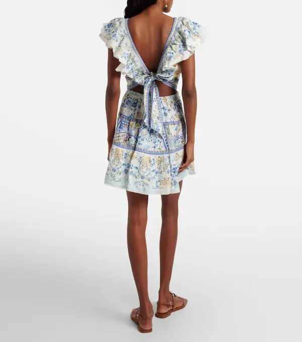 Camilla Embellished Floral Linen Mini Dress - White