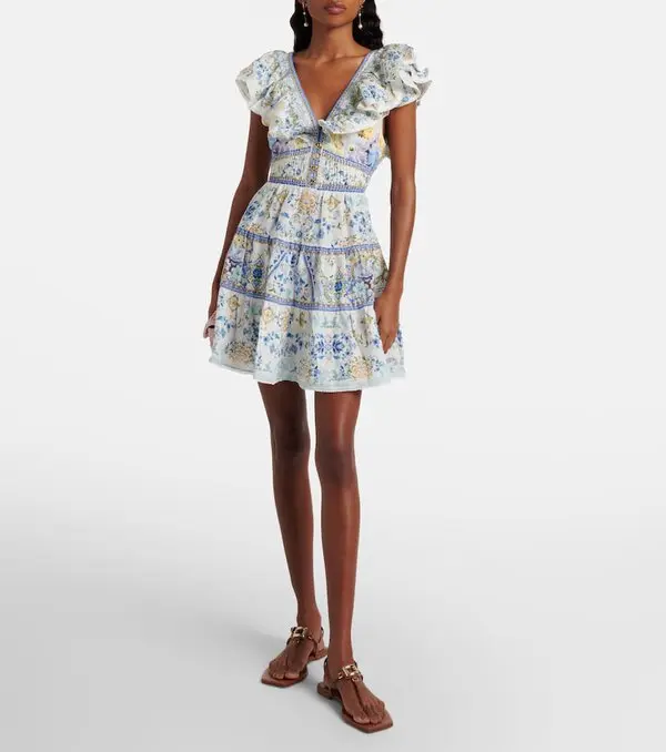 Camilla Embellished Floral Linen Mini Dress - White