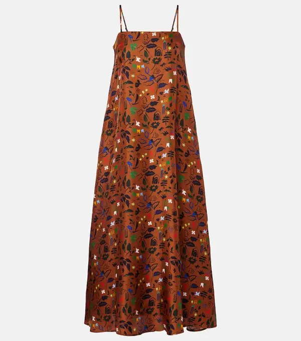 Asceno Printed Silk Twill Midi Dress - Brown