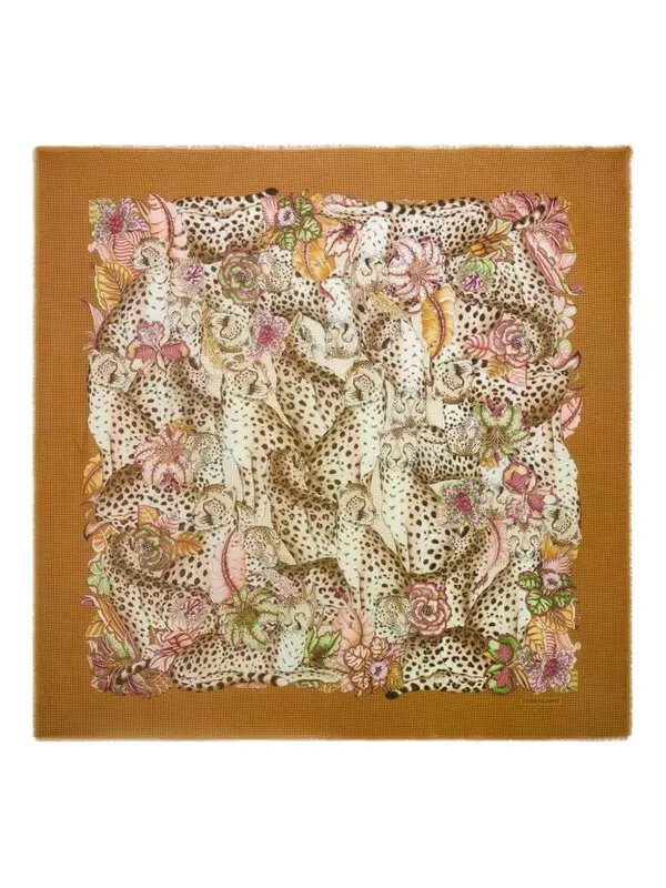 FERRAGAMO Cheetahs-print Cashmere Scarf - Brown