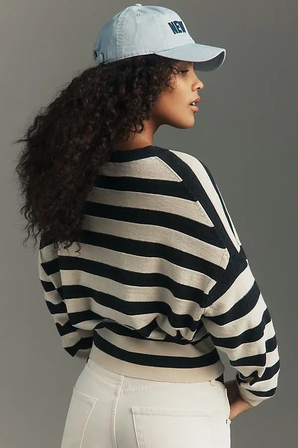 Maeve Crew-neck Dolman Sleeve Pullover Sweater - Black & White Stripe