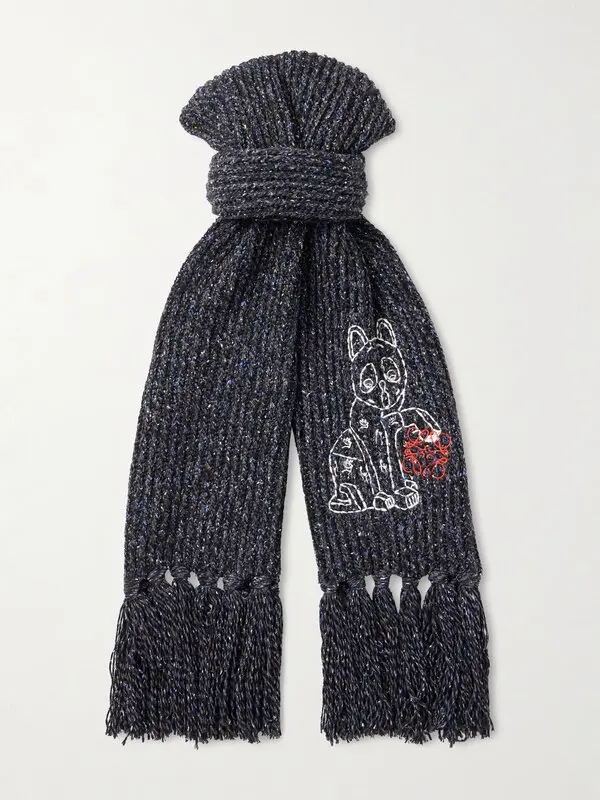 Loewe Fringed Embroidered Knitted Scarf - Gray