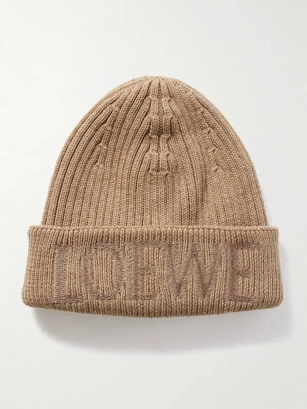 Loewe Logo-embroidered Ribbed Wool Beanie - Neutrals