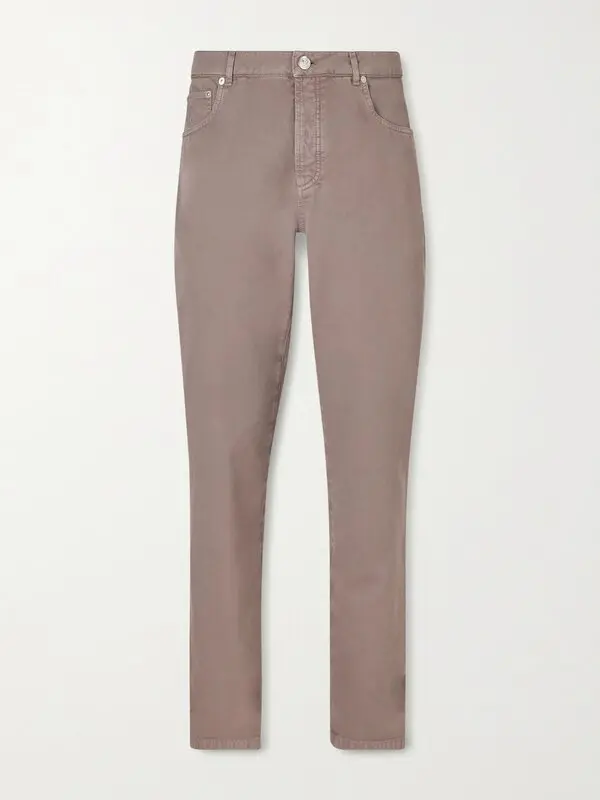 Brunello Cucinelli Logo-embroidered Straight-leg Cotton-twill Trousers - Brown