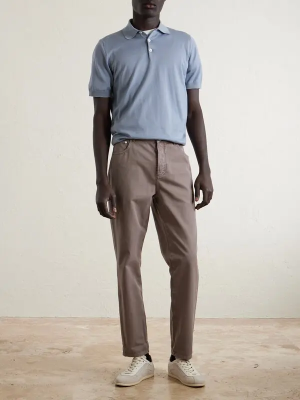 Brunello Cucinelli Logo-embroidered Straight-leg Cotton-twill Trousers - Brown