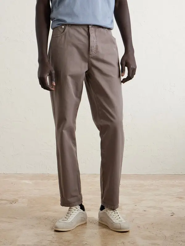 Brunello Cucinelli Logo-embroidered Straight-leg Cotton-twill Trousers - Brown