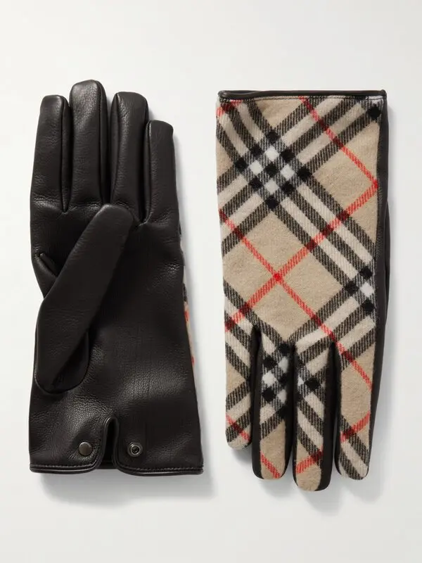 Burberry Checked Wool, Cashmere-blend And Leather Gloves - Neutrals