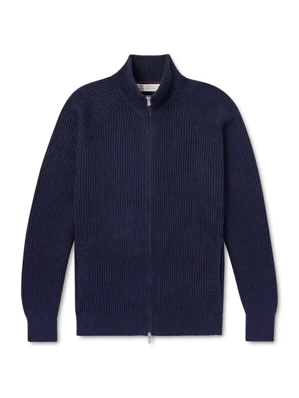 Brunello Cucinelli Ribbed Cotton Zip-up Sweater - Blue