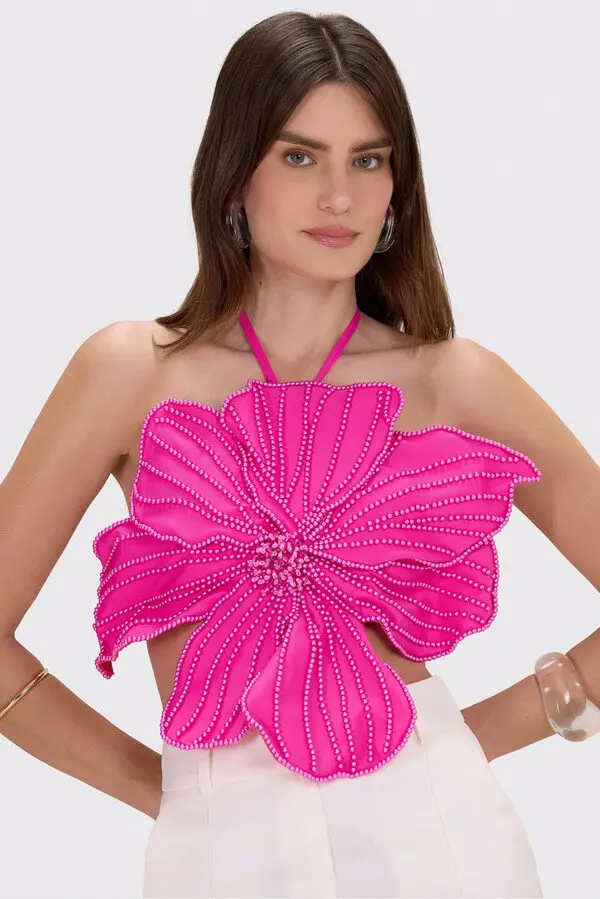 PatBO Hand-beaded Flower Top - Pink