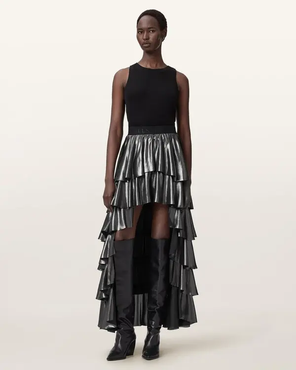ALLSAINTS Metallic Ruffle Maxi Skirt - Silver