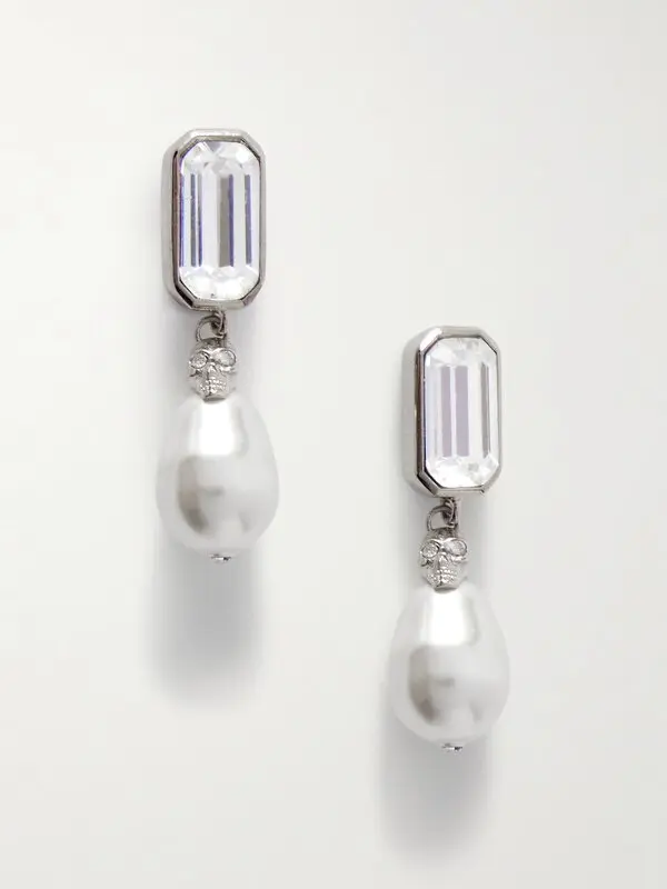 Alexander McQueen Skull Crystal And Faux Pearl Drop Earrings - Gold