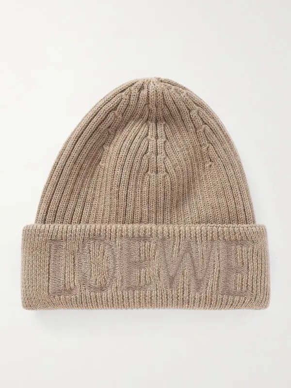 Loewe Embroidered Ribbed Wool Beanie - Neutrals
