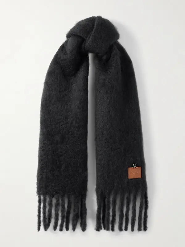 Loewe Appliquéd Embroidered Fringed Mohair-blend Scarf - Black