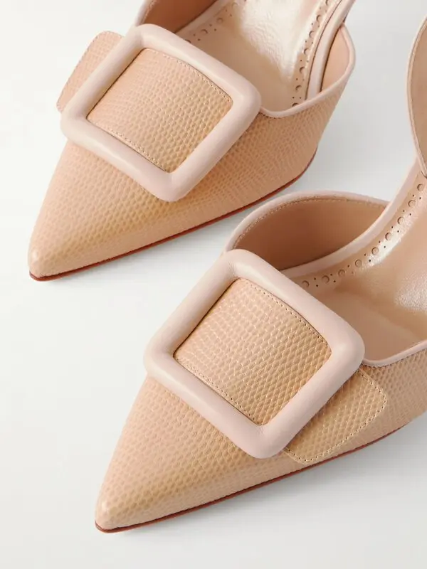 Manolo Blahnik Mayslibi 70 Lizard-effect Slingback Pumps - Neutrals