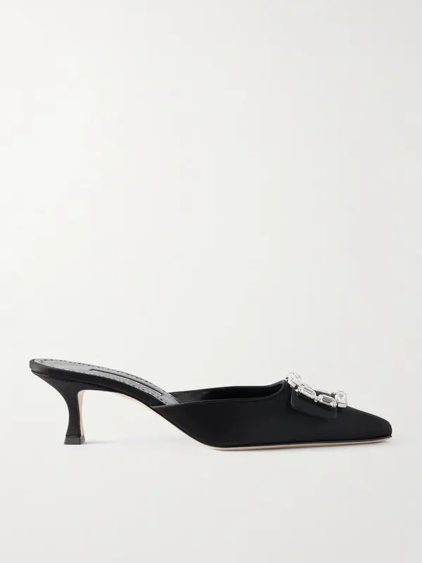 Manolo Blahnik Mayjou 50 Crystal-embellished Satin Mules - Black