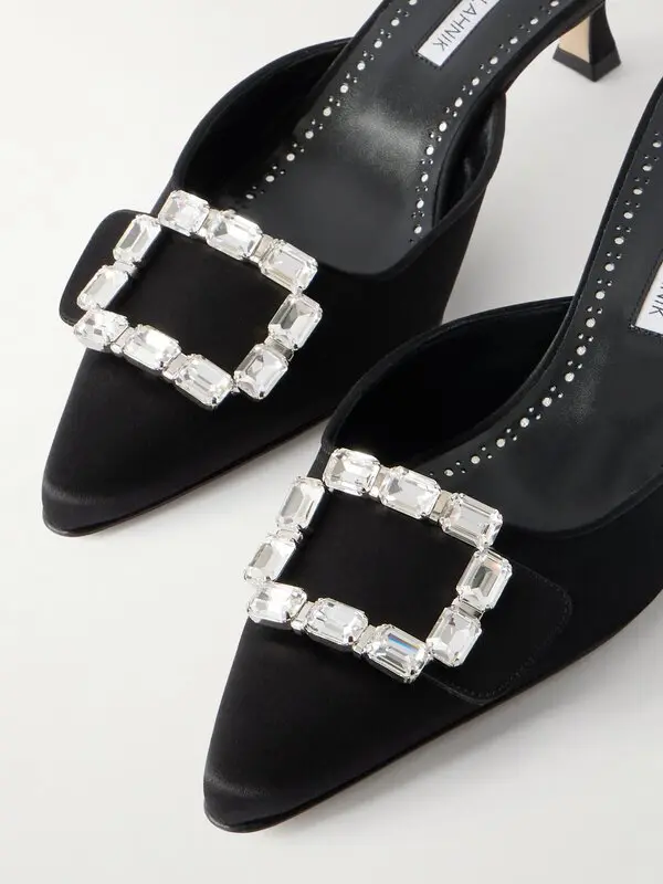 Manolo Blahnik Mayjou 50 Crystal-embellished Satin Mules - Black
