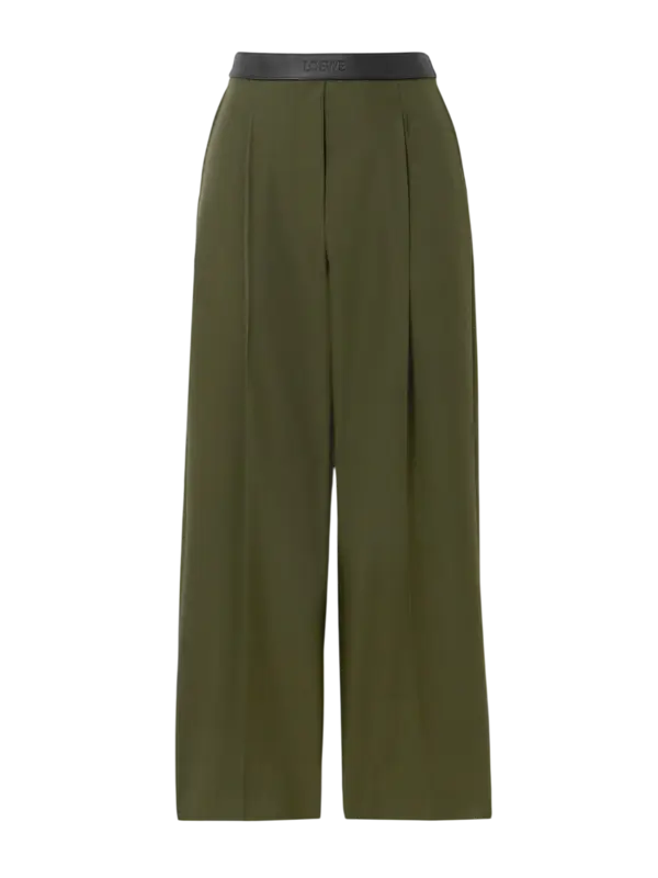 Loewe Leather-trimmed Pleated Grain De Poudre Wool Pants - Green