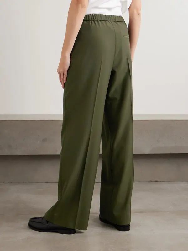 Loewe Leather-trimmed Pleated Grain De Poudre Wool Pants - Green