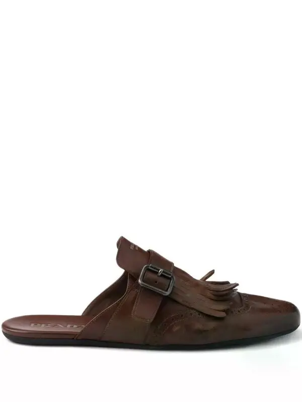 Prada Shuffle Perforated Fringed Leather Mules