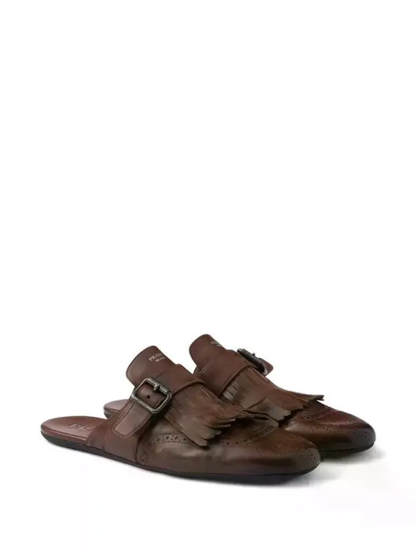 Prada Shuffle Perforated Fringed Leather Mules