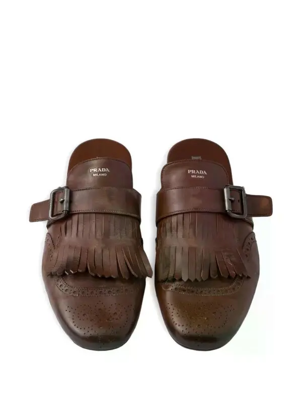 Prada Shuffle Perforated Fringed Leather Mules