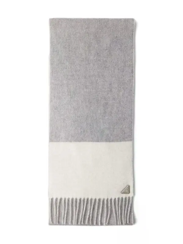 Prada Logo-triangle Fringed Cashmere Scarf - Grey