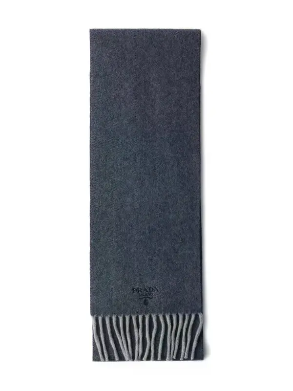 Prada Embroidered-logo Fringed Scarf - Blue