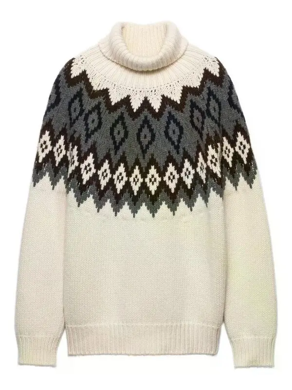 Prada Intarsia Turtleneck Ribbed Sweater - Neutrals
