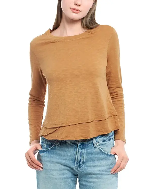 Wilt Long Sleeve Layered Mock Neck Tee - Medium Brown