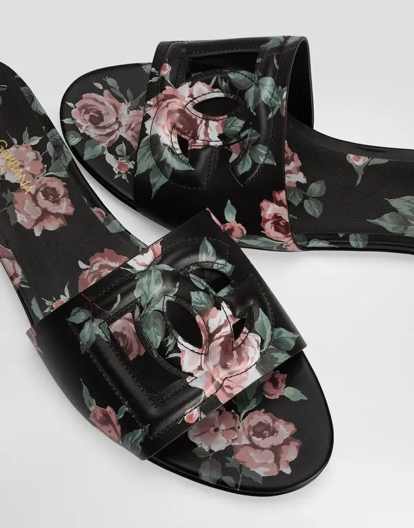 Dolce & Gabbana Calfskin Flat Slippers With Rose Print