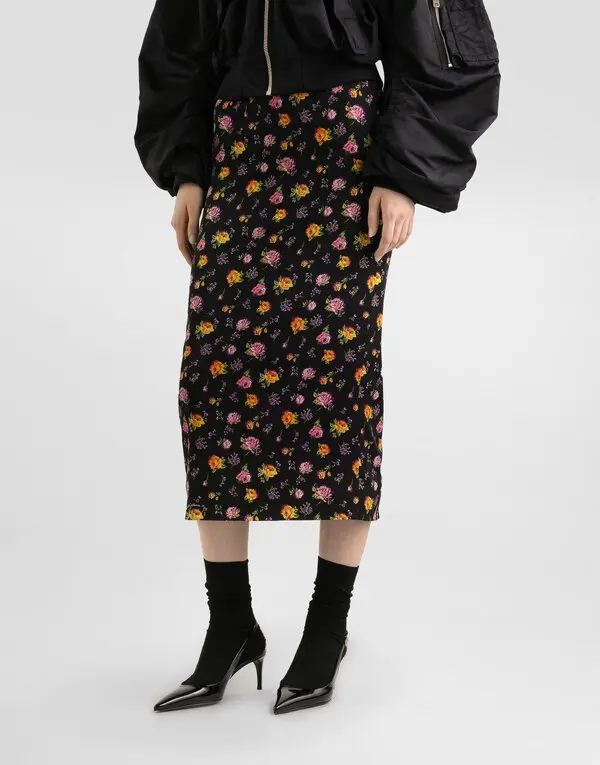Dolce & Gabbana Rose Bouquets-print Straight Charmeuse Skirt - Multicolor