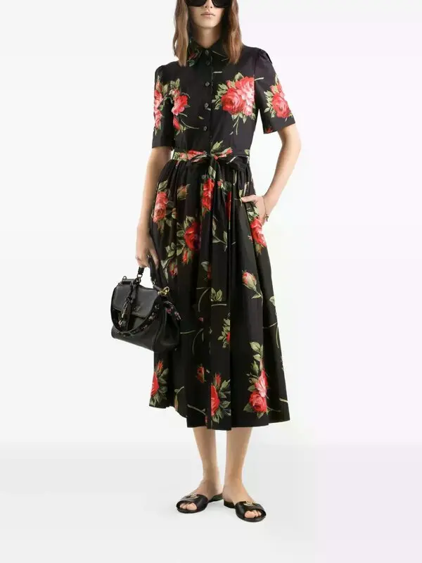 Dolce & Gabbana Floral-print Belted Midi Dress - Black