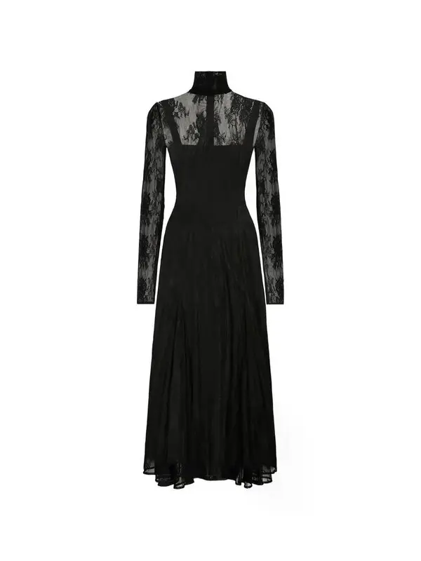 Dolce & Gabbana Chantilly Lace Mock Neck Long Sleeve Dress - Black