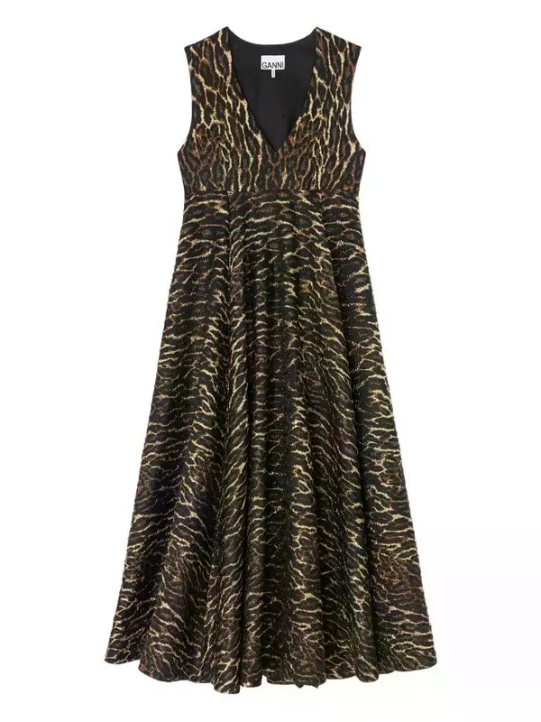 GANNI Animal-print V-neck Midi Dress - Black