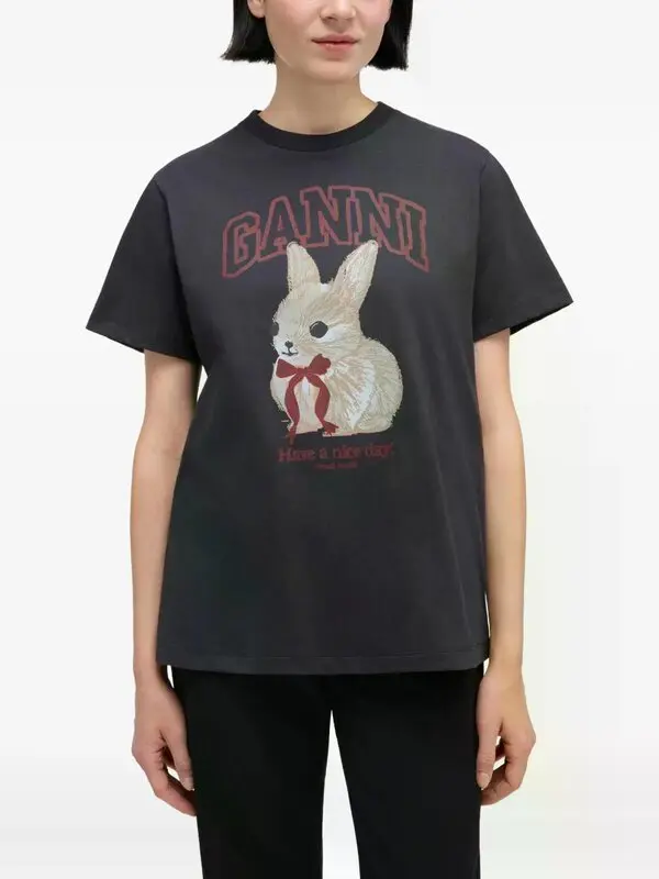 GANNI Bunny-print Cotton T-shirt - Grey
