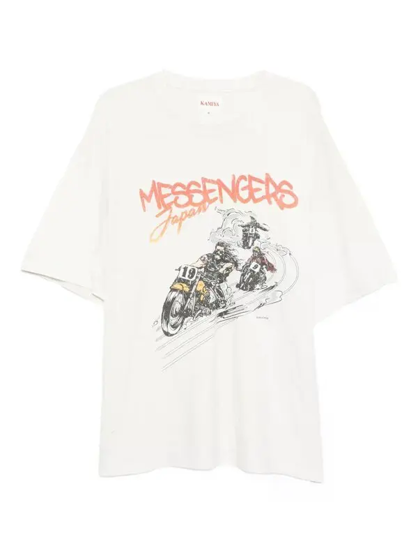 KAMIYA Motorbike Messengers-print Distressed T-shirt - Neutrals
