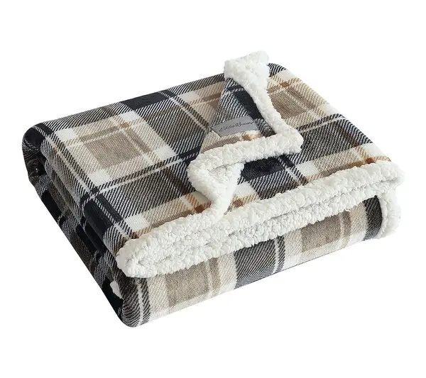 Eddie Bauer Rugged Plaid Brown Plush-fleece 50' 60' Throw - One-color