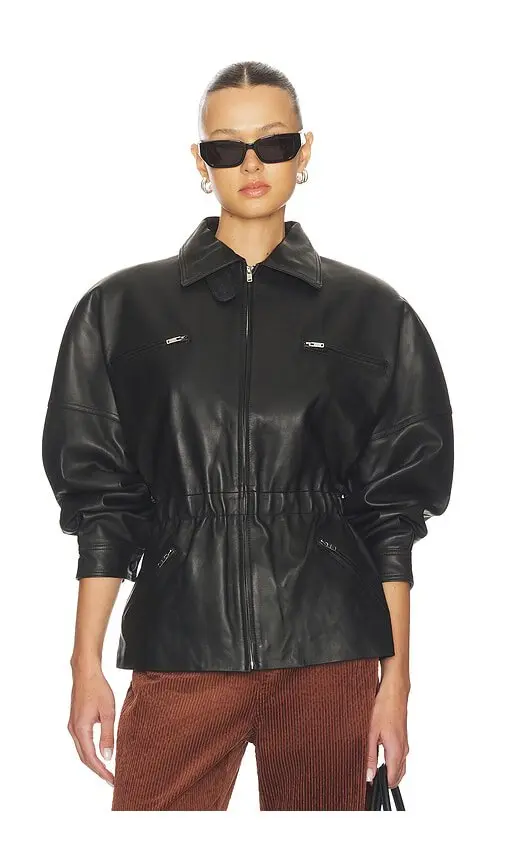 AEXAE Leather Cinched Mid Jacket - Black