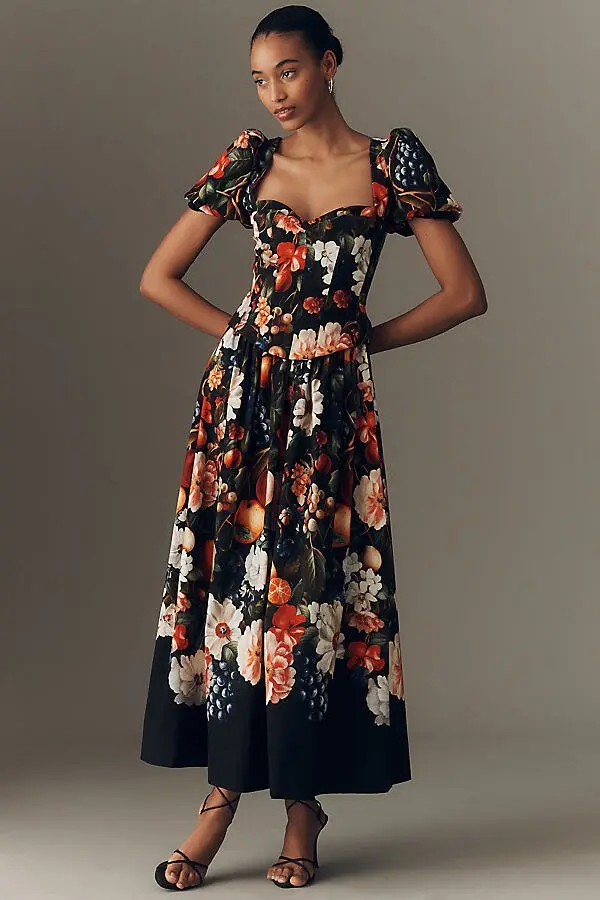 Bhldn Puff-Sleeve Corset A-Line Dress - Black Pattern | Editorialist