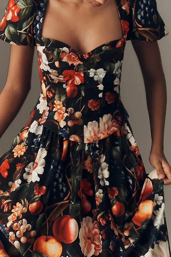 Bhldn Puff-sleeve Corset A-line Dress - Black Pattern