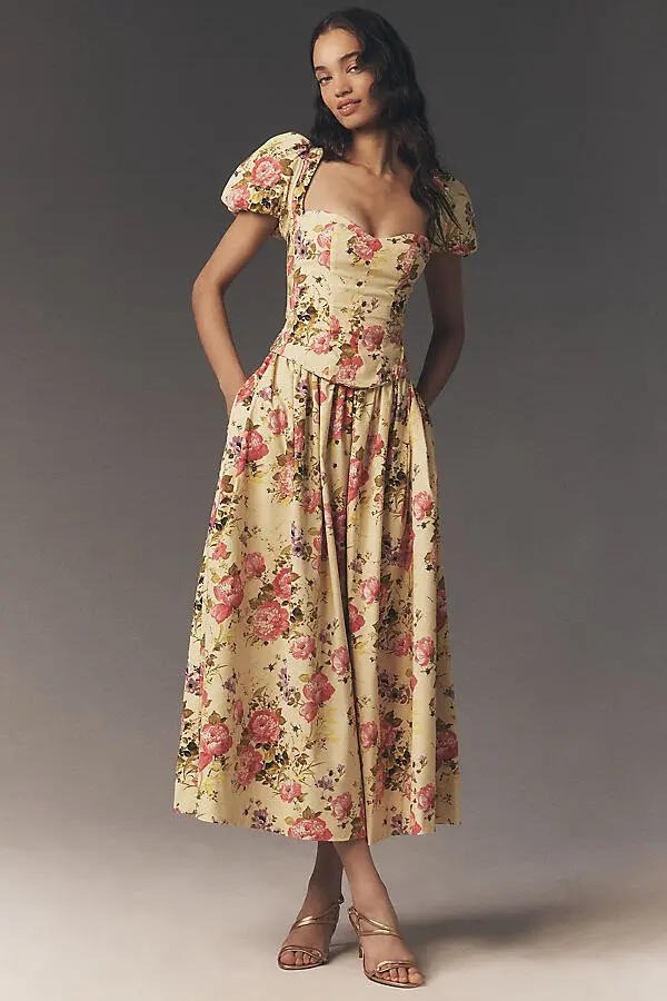 Bhldn Puff-sleeve Corset A-line Dress - Yellow Floral